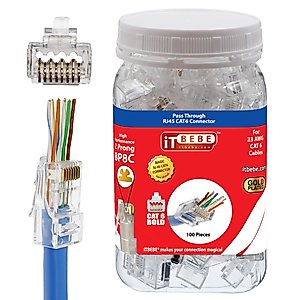ITBEBE 100 Pieces - Gold Plated RJ45 Cat6 Cat6a Pass Through Connector for 23 AWG Cables