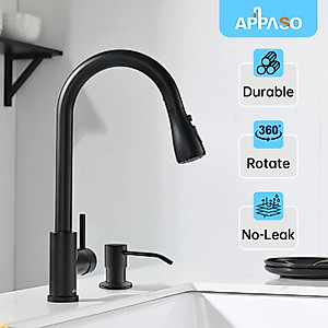 APPASO Black Kitchen Faucet with Soap Dispenser, Modern RV Kitchen Sink Faucet with Pull Down Sprayer 3 Modes, Solid Stainless Steel Faucet Kitchen Matte Black for Bar Sink, High Arc & Single Handle