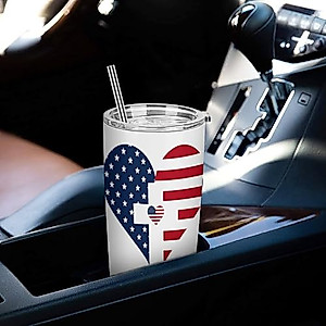 God Bless America Heart Flag Patriotic 20 OZ Stainless Steel Tumbler Travel Car Coffee Mug with Straw Lid Cleaning Brush Coffee Tumbler Mug for Women Men