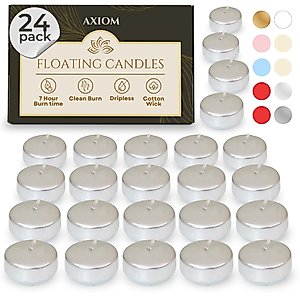 Axiom Floating Candles for Centerpieces - 24-Pack, Floating Candle 2 inch Hand-Rolled Paraffin, Cotton Wicks, 4-Hour Clean Burn - Unscented, Dripless Water Candles for Weddings, Parties, Home Decor
