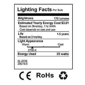 Sterl Lighting G16.5 E12 Candelabra Bulbs - 25W, 120V, for Scentsy Warmers, Incandescent, 2700K Warm White, Clear, 170Lm - 4 Pack