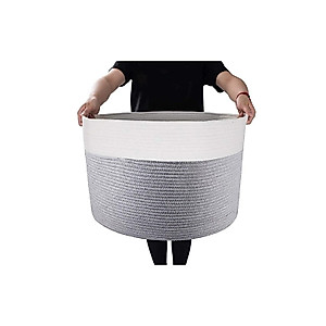 Actume XXXL Cotton Rope Basket 21" X 21" X 14" Decorative Woven Basket, Laundry Baskets for Blanket Toys Towels Nursery Hamper Bin with Handle, Grey White