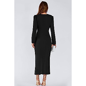 PRETTYGARDEN Women's Fall Fashion 2023 Long Puff Sleeve Maxi Dresses V Neck Twist Front Formal Dress with Slit (Black,Medium)