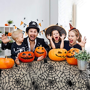 Korlon Halloween Tablecloth, 2 Pcs Halloween Decorations Indoor Spider Web Table Cloth, 54”x 72” Rectangular & 42” Round Black Lace Tablecloth Cover for Halloween Home Party Kitchen Table Decor