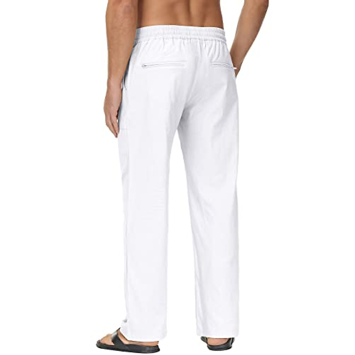 Boisouey Mens Linen Loose Pant Lightweight Elastic Waist Trouser Yoga Beach Pant White L