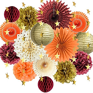 Fall Party Decorations Orange Burgundy Gold Paper Pom Poms Paper Fans Paper Lanterns Gold Satr Garland Banner for Fall Autumn Harvest Birthday Thanksgiving Party Supplies