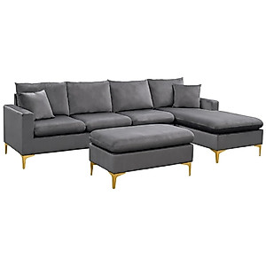 FANCUF 110.6" Sectional Sofa with Ottoman, L-Shape Elegant Velvet Upholstered Couch for Living Room Apartment(D)