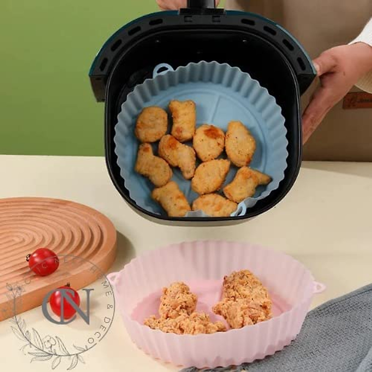 2 Pack Air Fryer Silicone Liners Pot for 3 to 5 QT, Air Fryer Silicone Basket Bowl, Replacement of Flammable Parchment Paper, Reusable Baking Tray Oven Accessories, Pink + Blue