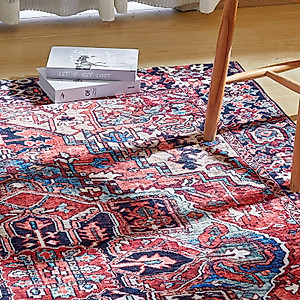 Hecceon Large Area Rugs, Vintage Boho Rugs Soft Fluffy Low Pile Floor Carpet, Foldable Non Slip Machine Washable Rug, Brick Red, 8'x10'