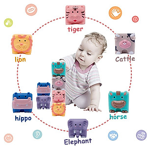 JETM·HH Baby Blocks - Soft Building Blocks Toys for 6 Months Up Toddlers-Soft Blocks for Toddlers - Silicone Bath Toys - Teething Chewable Squeeze 6 PCS Adorable Animals Shapes Set