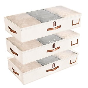 Fixwal Under-Bed Storage Box 3 Pack Blanket Storage 52L Under Bed Clothes Organizer with Sturdy Structure and Ultra Thick Fabric for Under Bed Organizer Ivory White