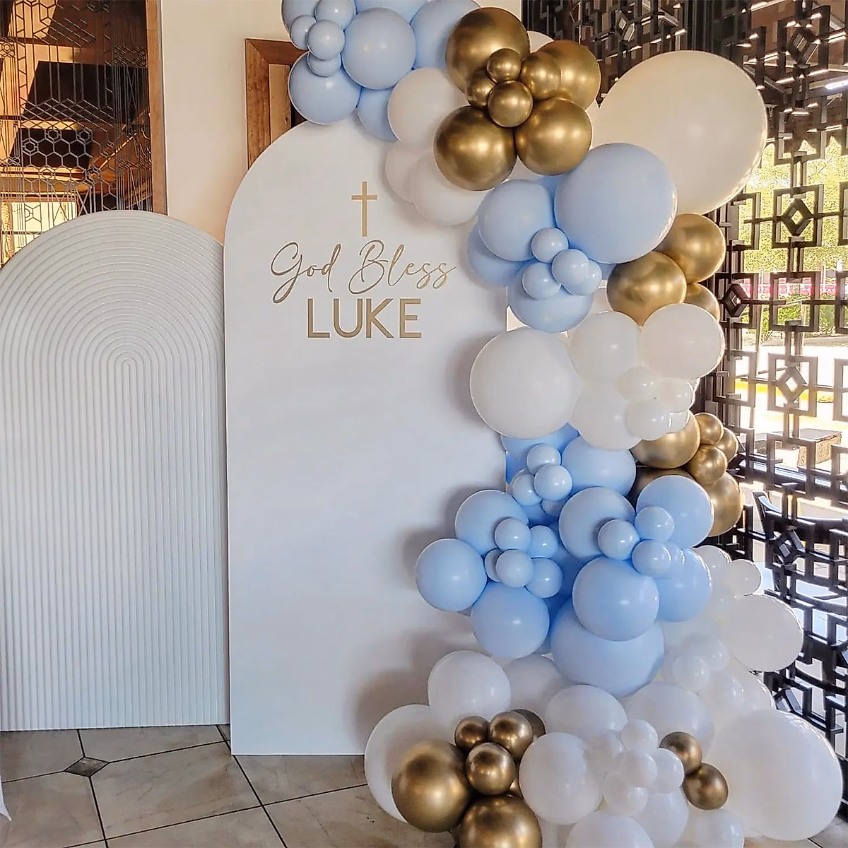 Beliueyes OH Baby Balloon Garland Arch Kit 135pcs Gold White Light Blue Balloons for Bridal Shower Baby Shower Birthday Wedding Baptism Engagement Theme Party Decorations