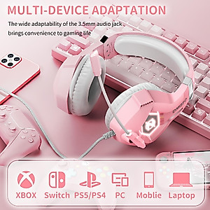 Ozeino Gaming Headset for PS4, PS5, PC, Xbox One Controller, Noise Cancelling Over Ear Headphones with Mic, LED Light, Bass Surround, Soft Memory Earmuffs -Pink