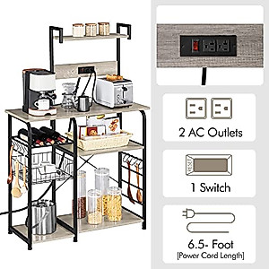 Yaheetech Bakers Rack with Power Outlet, 4-Tier Microwave Stand Cart Coffee Bar with Wire Basket and Wine Storage, Freestanding Kitchen Organizer Rack with 10 Hooks, Gray