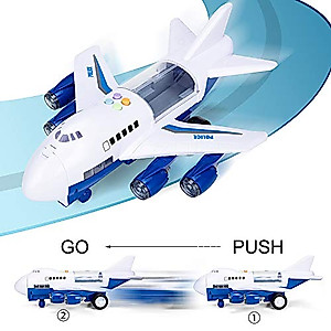 Car Toys Set with Transport Cargo Airplane and Large Play Mat, Mini Educational Vehicle Police Car Set for Kids Toddlers Boys Child Gift for 3 4 5 6 Years Old, 6 Cars, Large Plane, 11 Road Signs