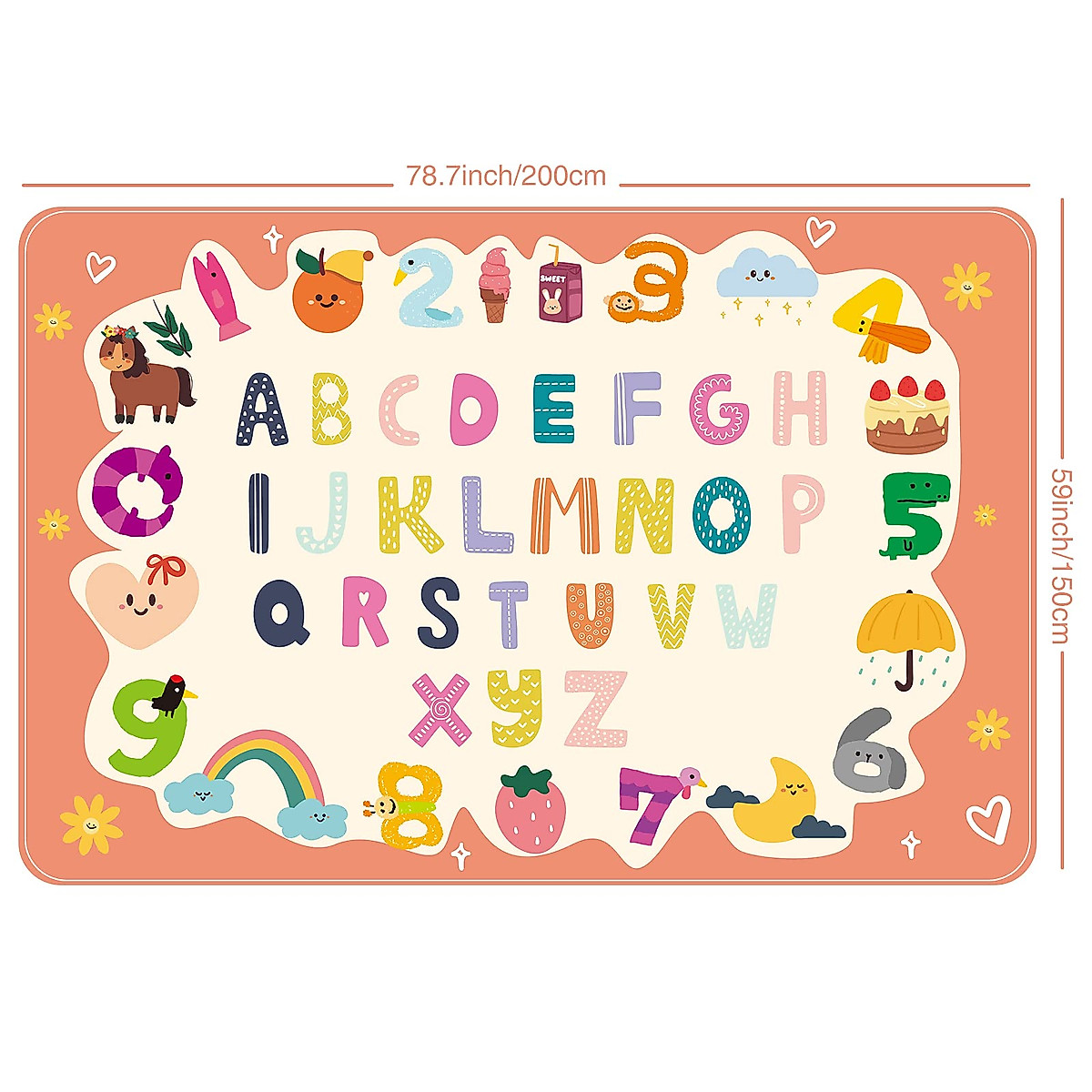 LTKOUGFAM ABC Kids Play Rug, Large Soft Educational Learning Space Mat, Non-Slip Cute Baby Floor Toddler Numbers Mat Area Rug for Kids Living Room Playroom Classroom Decor (Orange, 59" x 78" L)