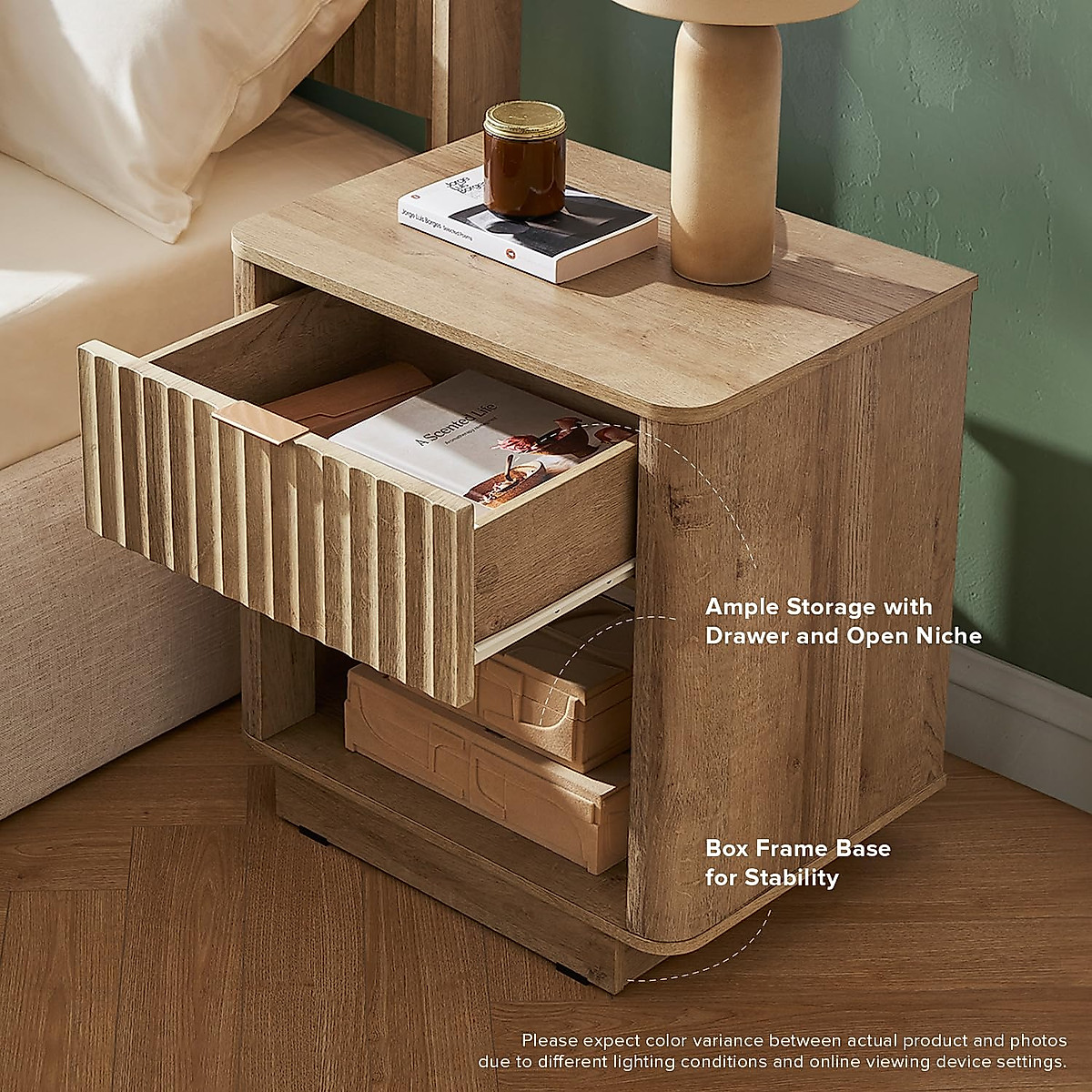 mopio Brooklyn Night Stand, Modern Farmhouse Nightstand, Small Side Table, Bedside Table with Drawer, End Table with Storage, Fluted Panel, Curved Profile (Oak, Single)