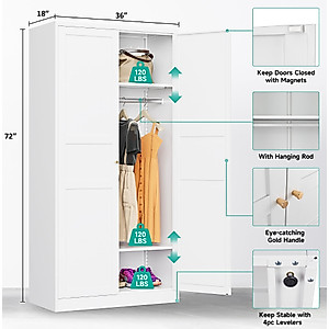 Metal Wardrobe Cabinet with Hanging Rod,White Armoire Wardrobe Closet,Metal Clothing Storage Cabinet with Adjustable Shelves and Doors,72" Wardrobe Storage Cabinet for Home,Living/Laundry Room