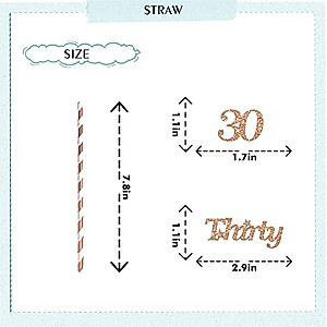 Happy 30th Birthday Straws, Rose Gold Glitter 30 Years Old Paper Straws, 30th Anniversary/Birthday Party Drinking Decorative Straws - 24pcs
