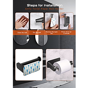 Anfly RV Camper Self Adhesive Toilet Paper Holder with 2 Hanging Hooks for Campers, Bathroom, Kitchen and Bedroom,No Drill/Stick On Toilet Paper Holder Wall Mount, Black