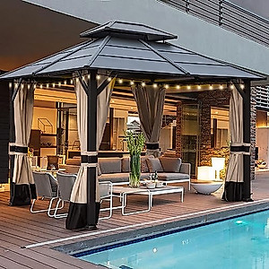 Hardtop Gazebo 10x12 - Outdoor Gazebo with Netting and Curtains, Double Metal Roof Gazebo Aluminum Frame for All Weather, 10 x 12 Gazebo Perfect for Backyard, Deck, Hot Tub, Patio Lawn Garden Poolside