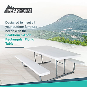 Peakform 6 Foot Rectangular Picnic Table, Multipurpose Indoor Outdoor Furniture with Double Bench Wood Grain Seating, White/Black