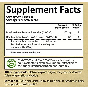 NaturaNectar Green Bee Propolis | NSF Contents Certified | Premium Brazilian Propolis | Care Relief | Ethical Beekeeping & Naturally Sourced | 60 capsules