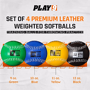 Play 9 Weighted Softballs for Pitching (Leather Set of 4) Size of Softballs