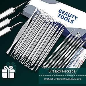 22PCS Blackhead Remover Tools, Acne Blemish Removal, Pimple Popper Extractor, Comedone Whitehead Zit Tweezers, Stainless Steel with Metal Case