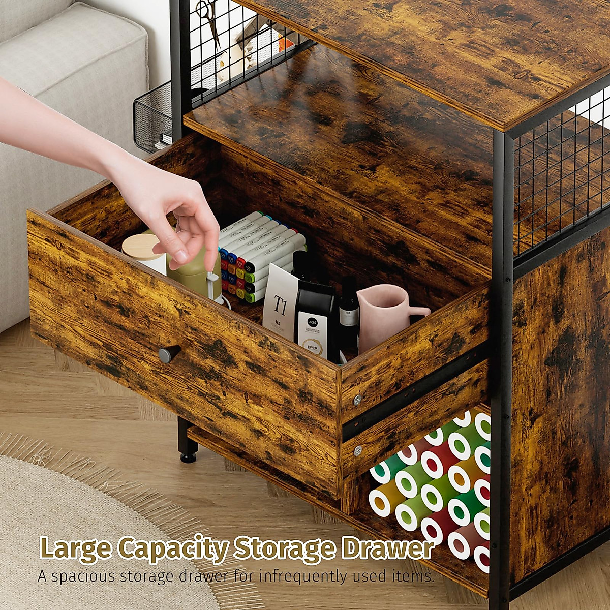 Qiaoxuan Craft Organizer and Storage Table Compatible with Cricut Machines, Craft Storage Cabinet with Vinyl Roll Holder, Craft Cabinet Workstation Tool Holder for Craft Room Home Office