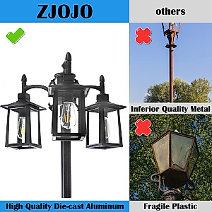ZJOJO Outdoor Post Light, Triple-Head LED Street Light, 2700K, 1100lumens, Vintage Clear Glass Shade Lamp Lights Fixture for Garden Backyard Patio Walkway, Black-8099