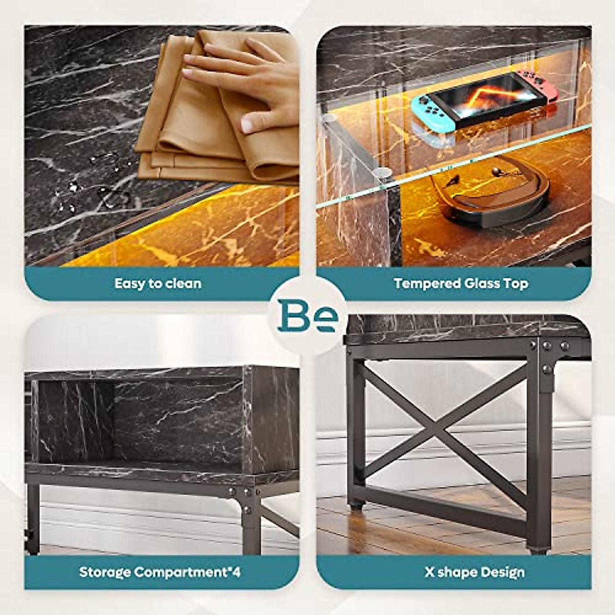 Bestier LED Coffee Tables for Living Room, 42 Inch Large Living Room Center Table, Smart Gaming Tea Tables for Home Office, Modern Style Black Faux Marble