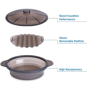 Microwave Steamer Cooker Collapsible Bowl-Silicone Steamer Cookware with Handle Lid for Vegetables Fish Prep Meal Food with Removable Rack BPA Free, Easy to Store, Freezer & Dishwasher Safe, Large