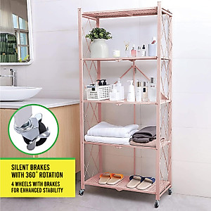 Letusto Foldable Collapsible Shelf with Wheels & Breaks - Folding Shelf Heavy Duty Metal Frame Pantry Shelving Unit - Origami Bookcase - No Assembly Bookshelf (Pink, 5 Tier)