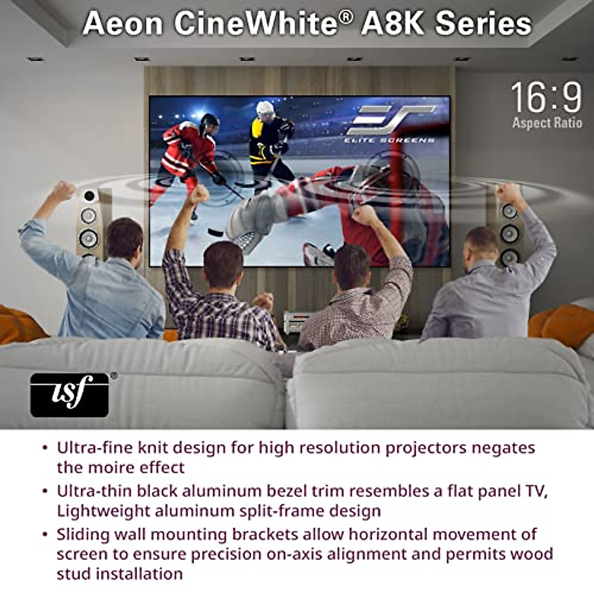 Elite Screens Aeon CineWhite A8K, 135" Diag, 16:9 Aspect Ratio, ISF Certified 8K Ultra HD Home Theater Fixed Frame Edge Free Projection Sound Transparent Perforated Weaved Screen, AR135H-A8K