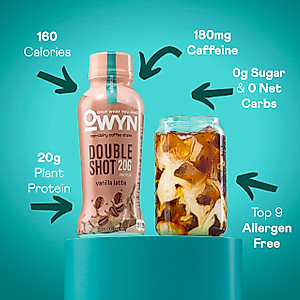 OWYN Only What You Need Double Shot Dairy Free Keto Protein Coffee Shake, Vanilla Latte, 0g Sugar, 20g Plant Based Protein, 180mg Caffeine, Gluten & Soy Free, Non-GMO, Vegan (12 Pack, 12 Fl Oz)