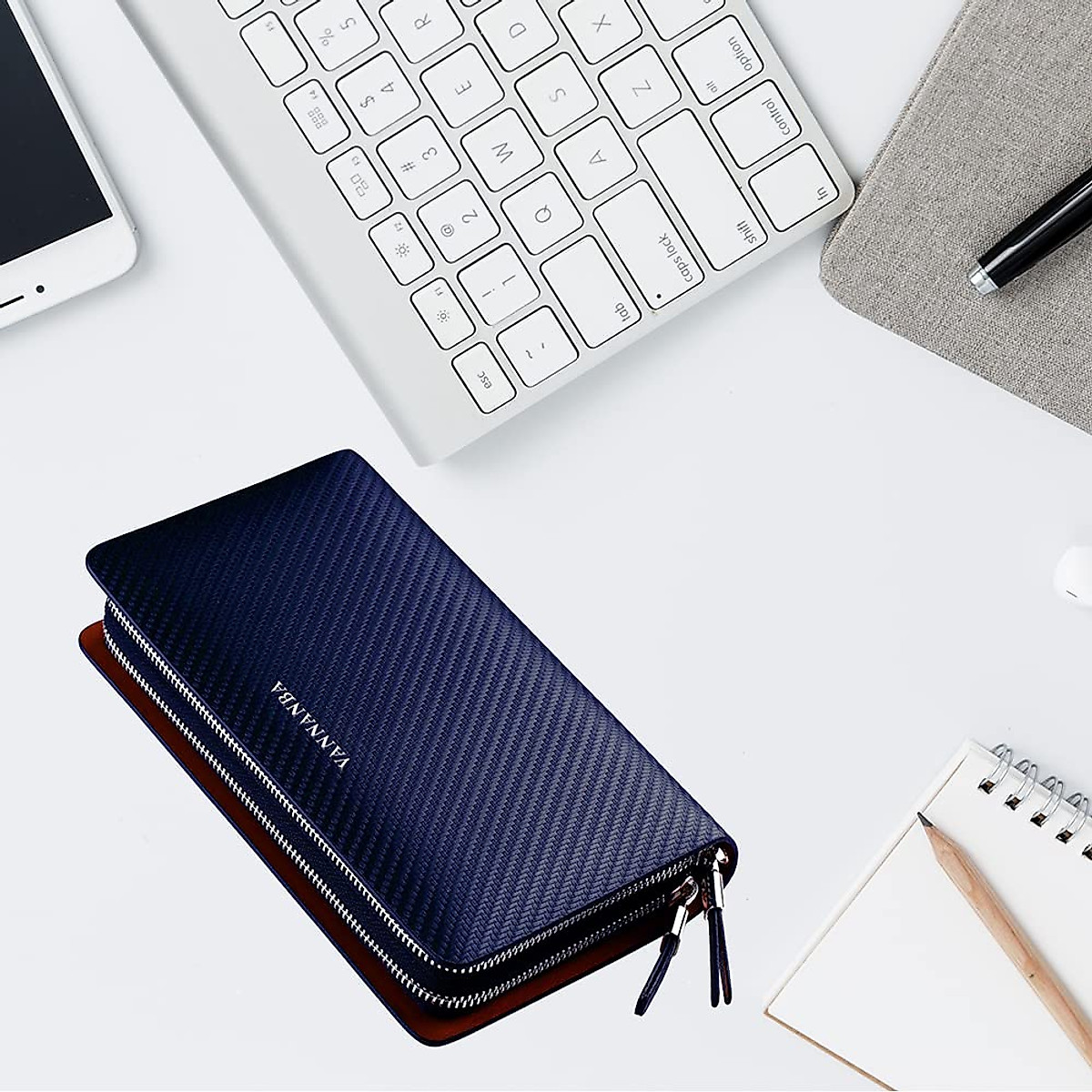 VANNANBA Clutch Purses Wristlet Wallets Large Leather Designer Double Zipper Long Hangbags Business Travel Clutch Phone Holder,Gift for Mens Father Son Husband Boyfriend(Blue)