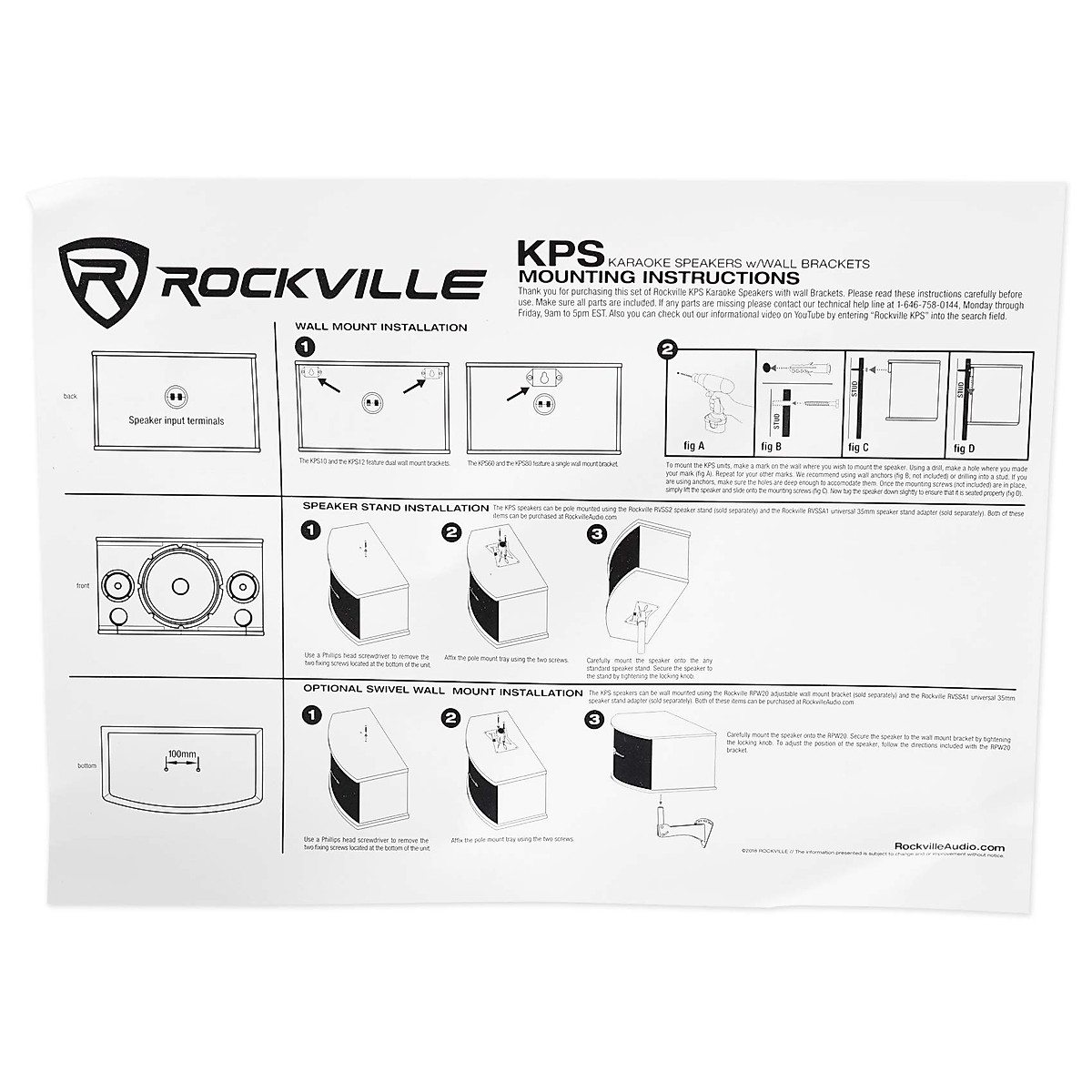 Pair RockvilIe KPS80 8" 800w Speakers w/Wall Brackets for Restaurant/Bar/Cafe