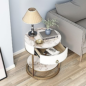 OIOG Round Side Table with Drawer, 2 Tier Night Stand with Shelf, Modern Side Table with Gold Legs for Living Room, Bedroom, Dorm, Marbling Natural Stone/Gold