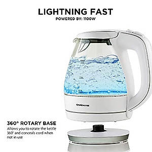 Ovente Portable Electric Glass Kettle 1.5 Liter with Blue LED Light and Stainless Steel Base, Fast Heating Countertop Tea Maker Hot Water Boiler with Auto Shut-Off & Boil Dry Protection (White)