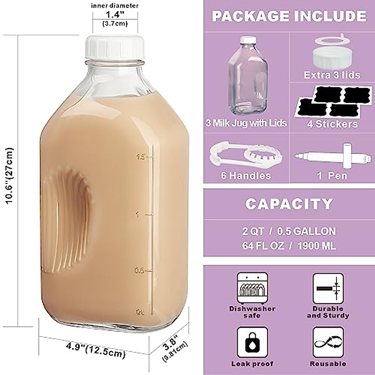 3 Pack 2 Qt Glass Milk Bottles with Airtight Reusable SCREW LID - 64 Oz Glass Juice Bottles, 1/2 Gal Glass Water Bottles, Glass Milk Jug Pitcher with 2 Exact Scale Line, Extra Free 3 Lid and 6 Handle!