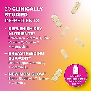 Pink Stork Total Postnatal Vitamins for Women with DHA, Iron, Folate, and Vitamin B12, Postpartum Recovery Essentials, Daily Postnatal Supplement for Breastfeeding Moms, 60 Capsules, 1 Month Supply