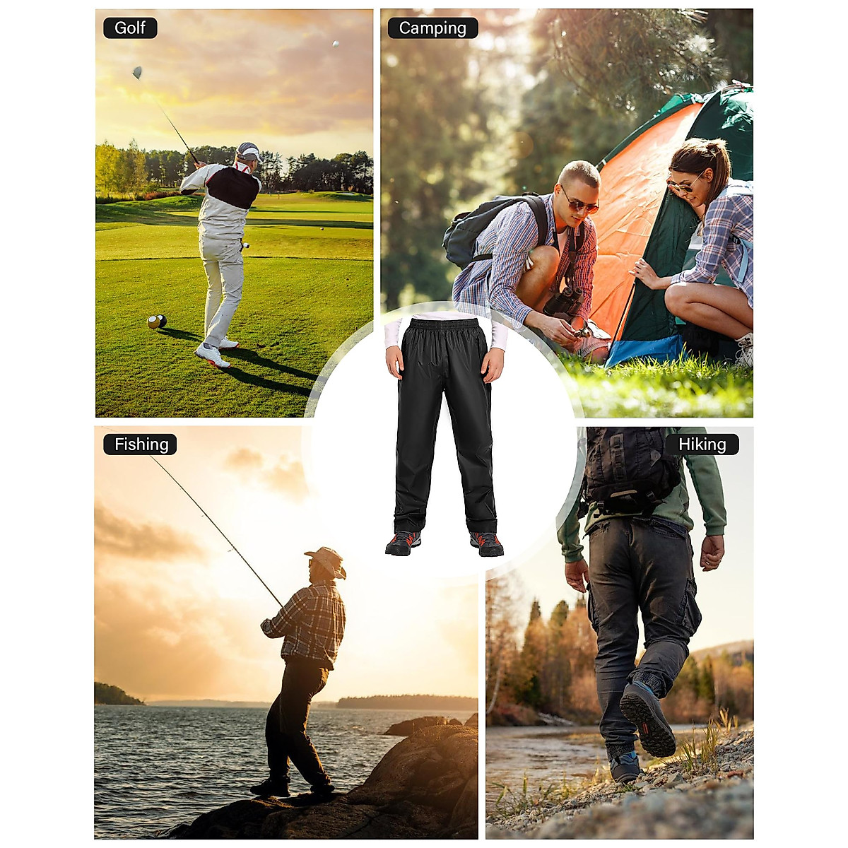 JAEZZIY Mens Rain Pants,Waterproof Rain Over Pants,Windproof Lightweight Rain Pants for Rain Outdoor Work,Golf,Fishing,Hiking (Black, XL)