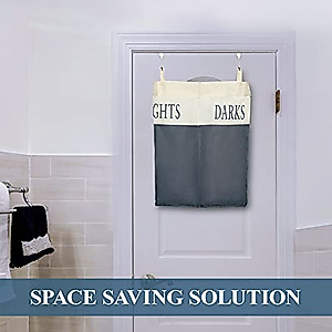 The Fine Living Co. X-Large Two Compartments Hanging Laundry Hamper with Over Door Hooks, Durable Space Saving Laundry Bag Storage with Bottom Zipper, Wide Open Top Dark/Light Compartment(25"x10"x31")