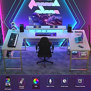 Unikito U Shaped Desk with LED Strip and Power Outlet, Reversible Large Corner Computer Desk with Monitor Stand and Storage Shelf, 83 Inch U Shape Office Desks, 2 Person L Shaped Gaming Table, White