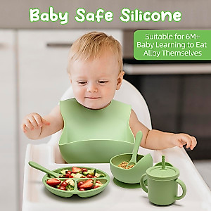 MumEZ Silicone Baby Feeding Set, Baby Led Weaning Utensils, Adjustable Silicone Bibs, Baby Plates and Bowls with Suction, Baby Spoons Forks, Sippy Cup, Baby Eating Essentials(Ether&Sage)