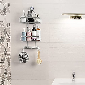smusei Shower Caddy Over Shower Head Aluminum Shower Organizer Hanging Bathroom Shower Shelves for Inside Shower 3 Tier Shower Racks with Hooks and Shampoo Soap Razor Holder - Silver