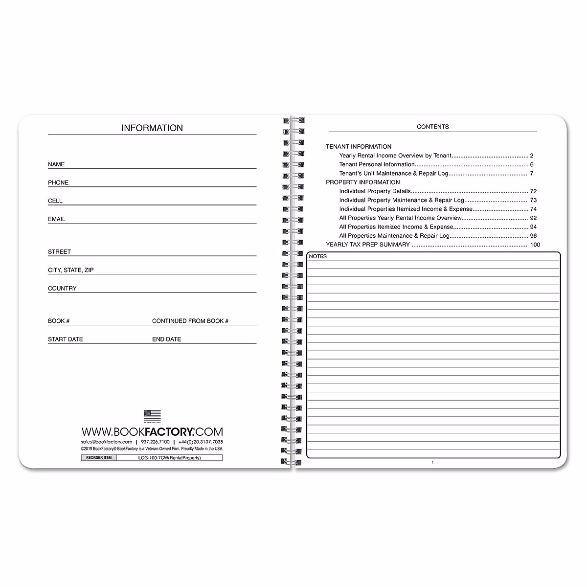 BookFactory Rental Property Record Book/Landlord Renter Record Keeping Log Book - Wire-O, 100 Pages, 8.5" x 11" (LOG-100-7CW(RentalProperty)-RX)
