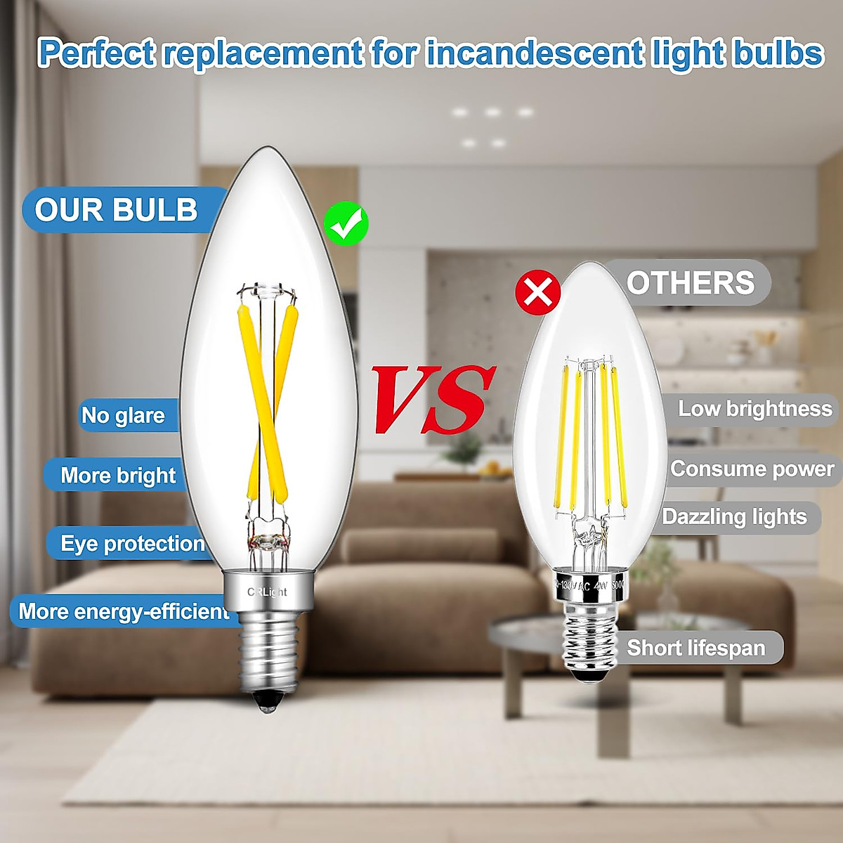 CRLight 2W 4000K LED Candelabra Bulb Daylight White 30W Equivalent 300LM, E12 Base Dimmable LED Chandelier Filament Light Bulbs, Antique Style B10 Clear Glass Candle Torpedo Tip, 12 Pack
