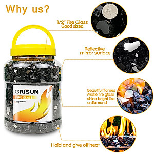 Grisun Fire Glass with Drop-in Fire Pit Kit 18 x 18 Inch, Round Burner with Tray, Come with Upgraded Spark Ignition Kit for Gas Fire Pit, Fire Table